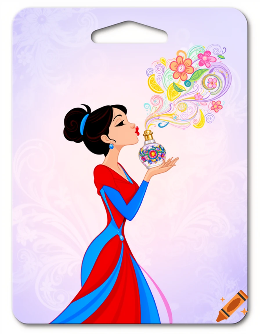 Vector cartoon woman in red and blue dress blows colorful scent from ...