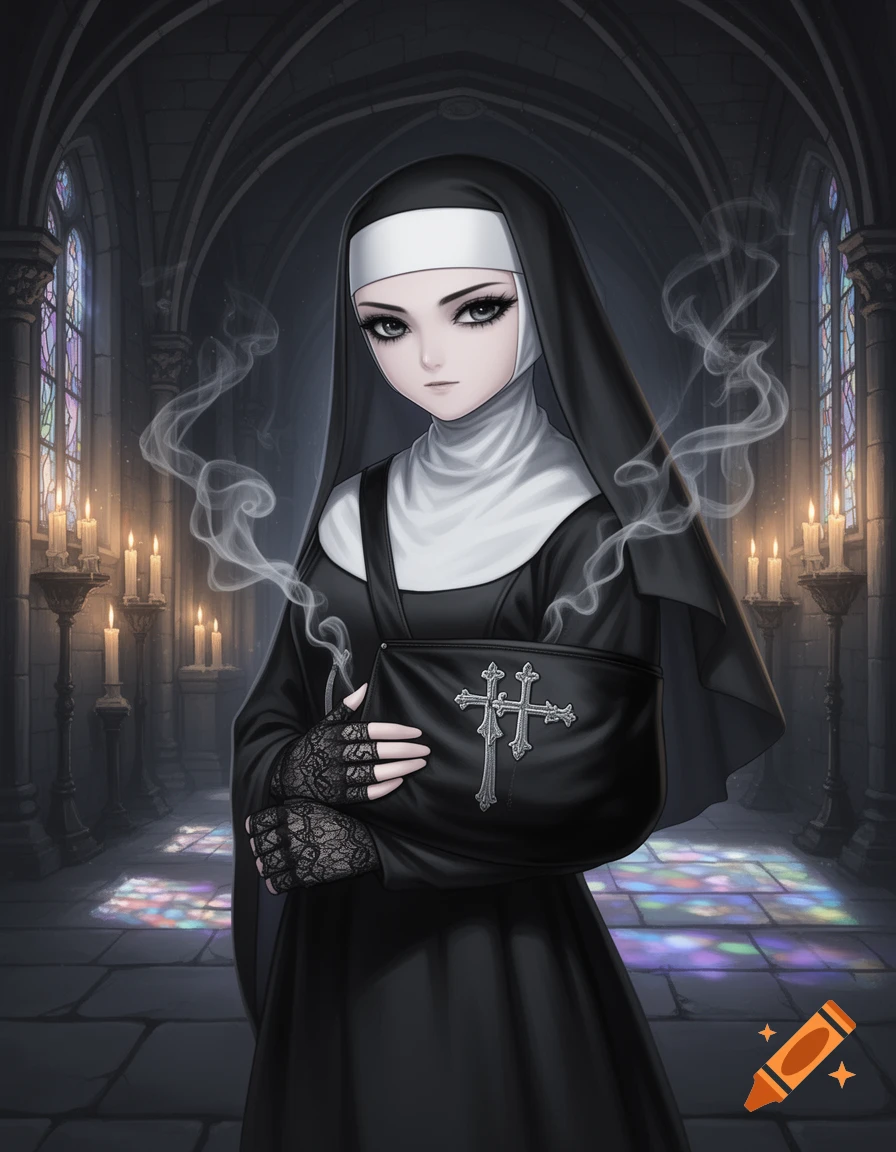 Anime goth nun with black habit, white wimple, and lace gloves holding ...
