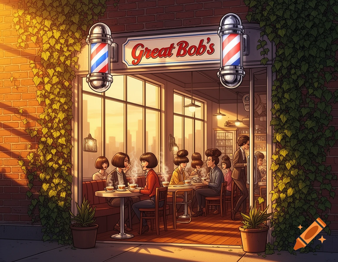 Stylized illustration of Great Bob's barbershop/cafe at sunset, with ...