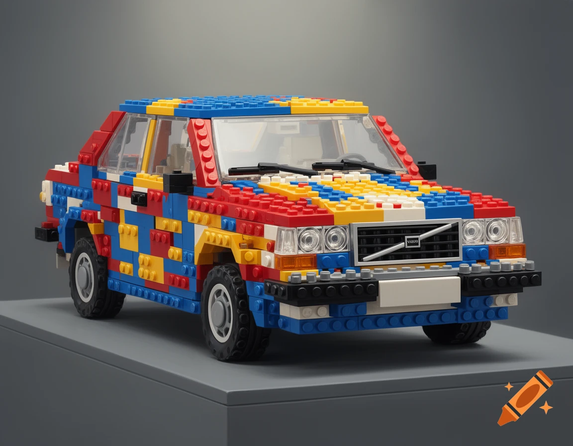 A colorful Lego model of a Volvo 340 car, made from red, blue, yellow ...