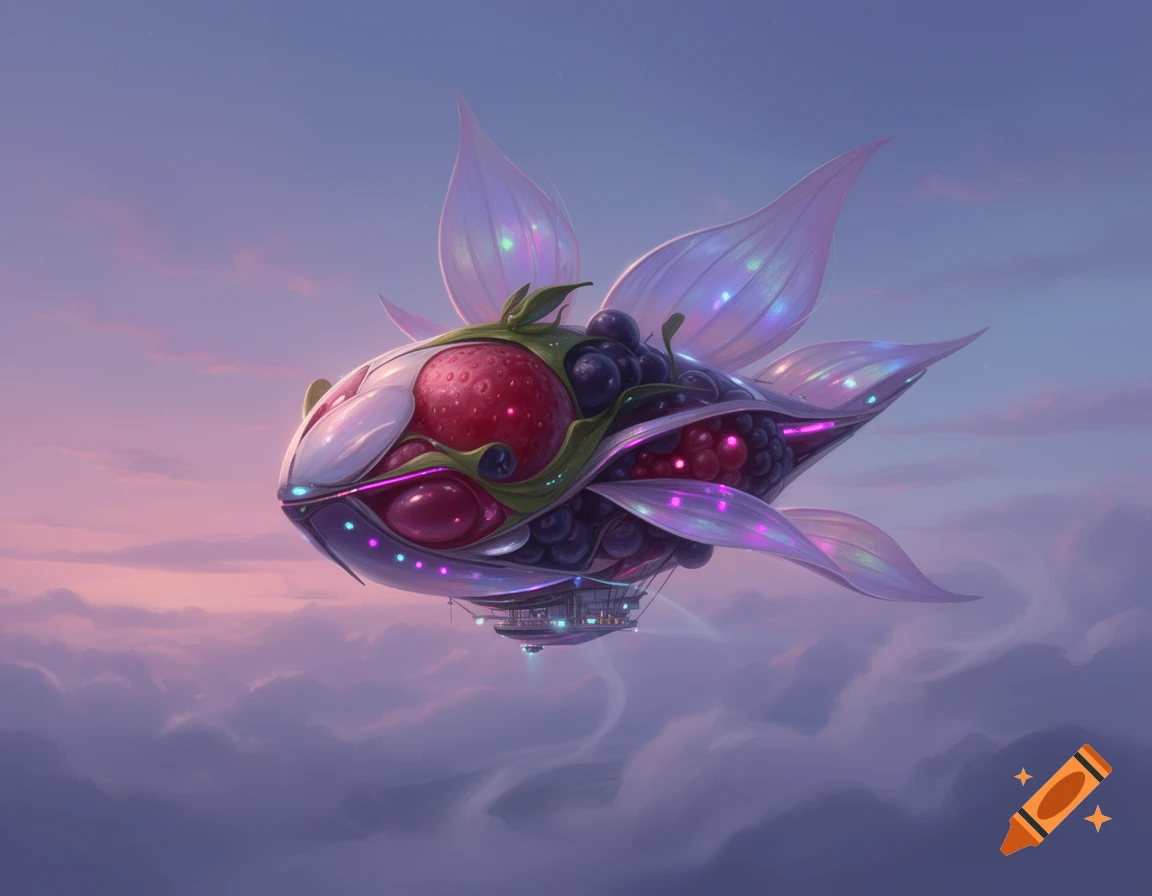 A fantastical airship shaped like a giant strawberry and blueberries ...