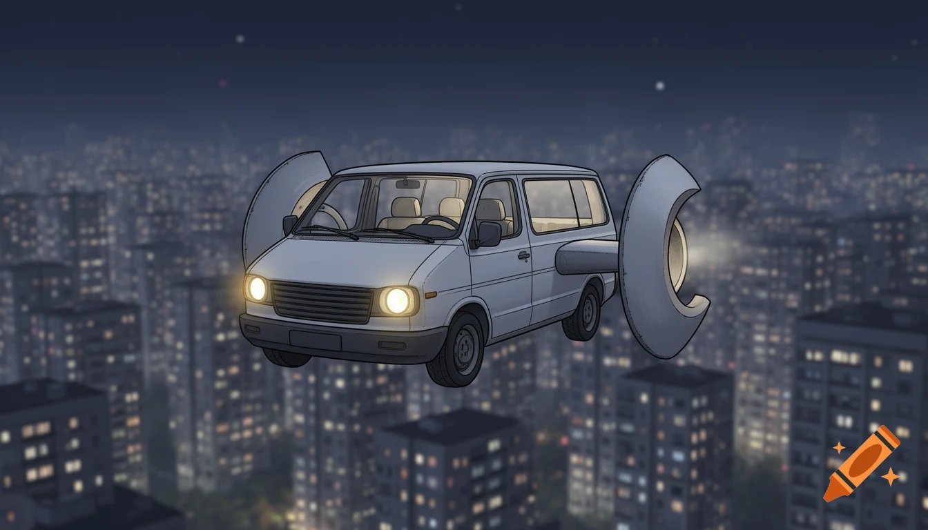 A white cel-shaded flying van with C-shaped jet wings navigates over a ...