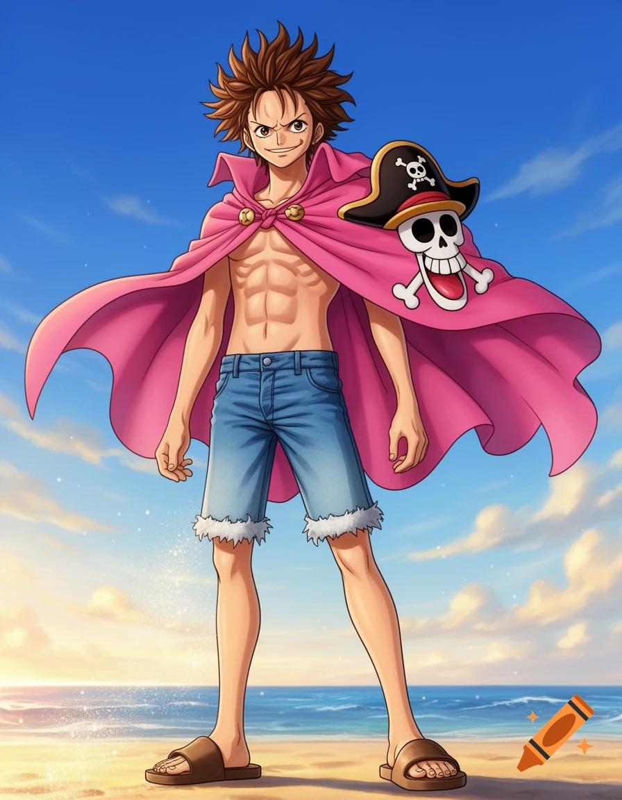 Anime character resembling One Piece's Luffy, shirtless in blue shorts ...
