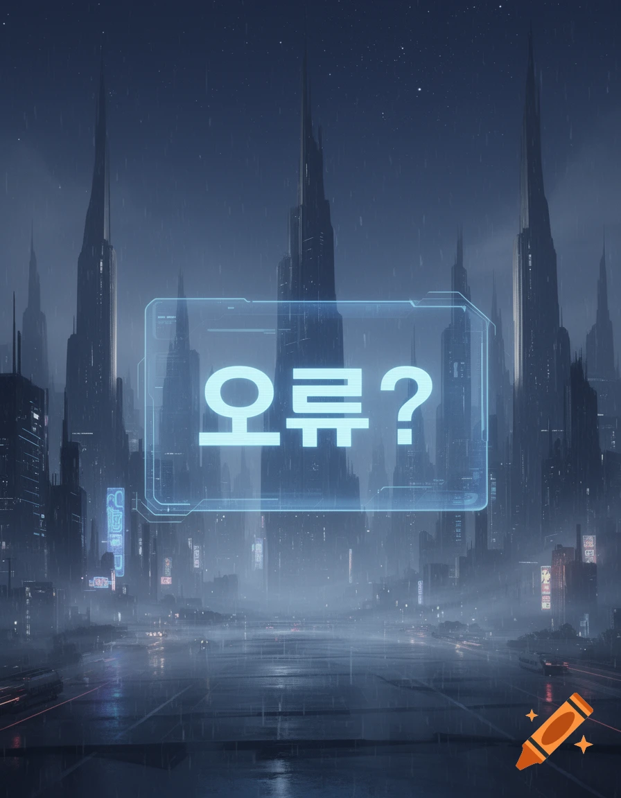 A dark, rainy futuristic cityscape with tall spiky buildings and a ...