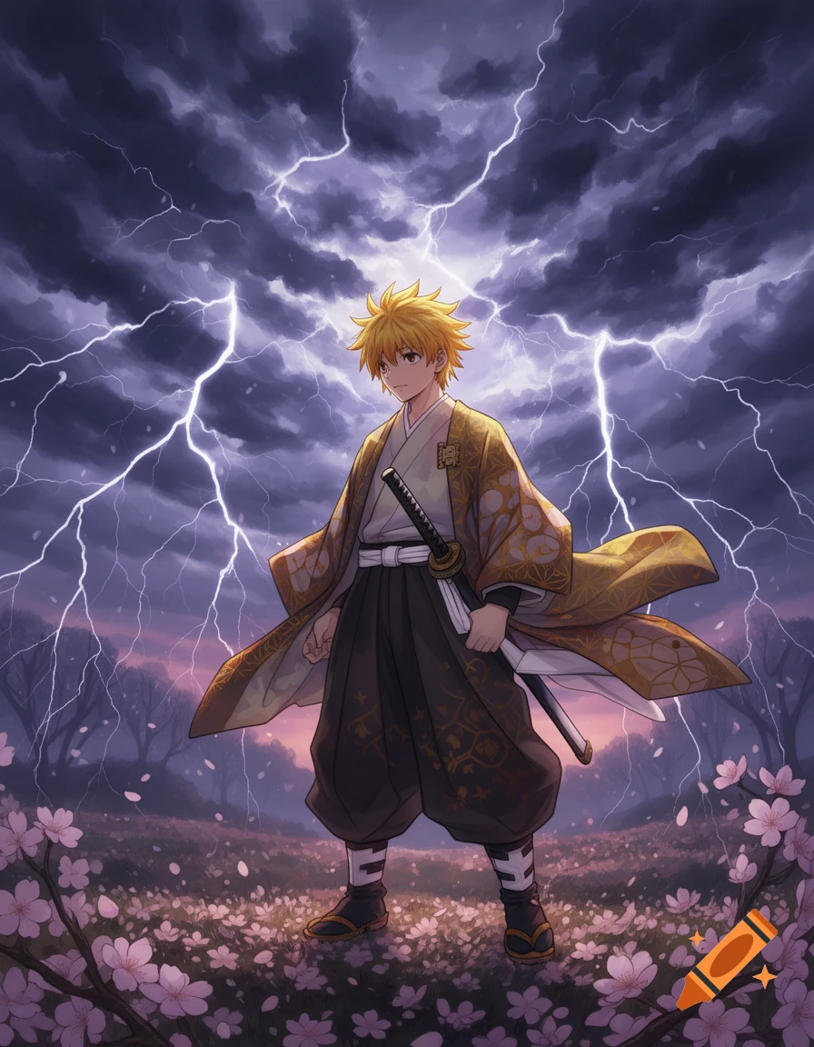 Anime character Zenitsu stands in a field of cherry blossoms under a ...