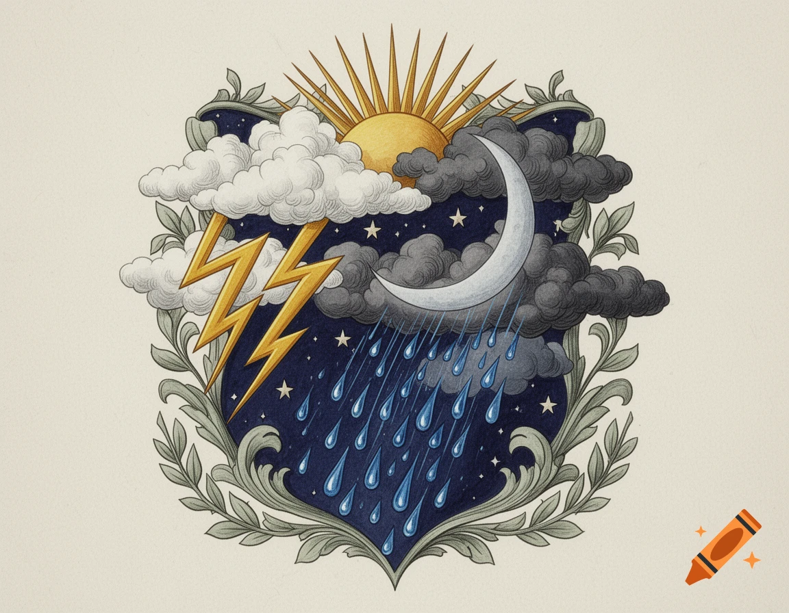 A detailed blazon illustration featuring a sun, crescent moon, clouds ...