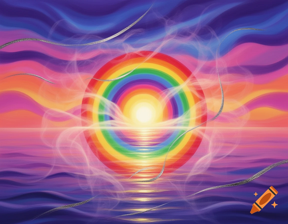 Vibrant abstract landscape with a rainbow-colored sun reflecting on ...