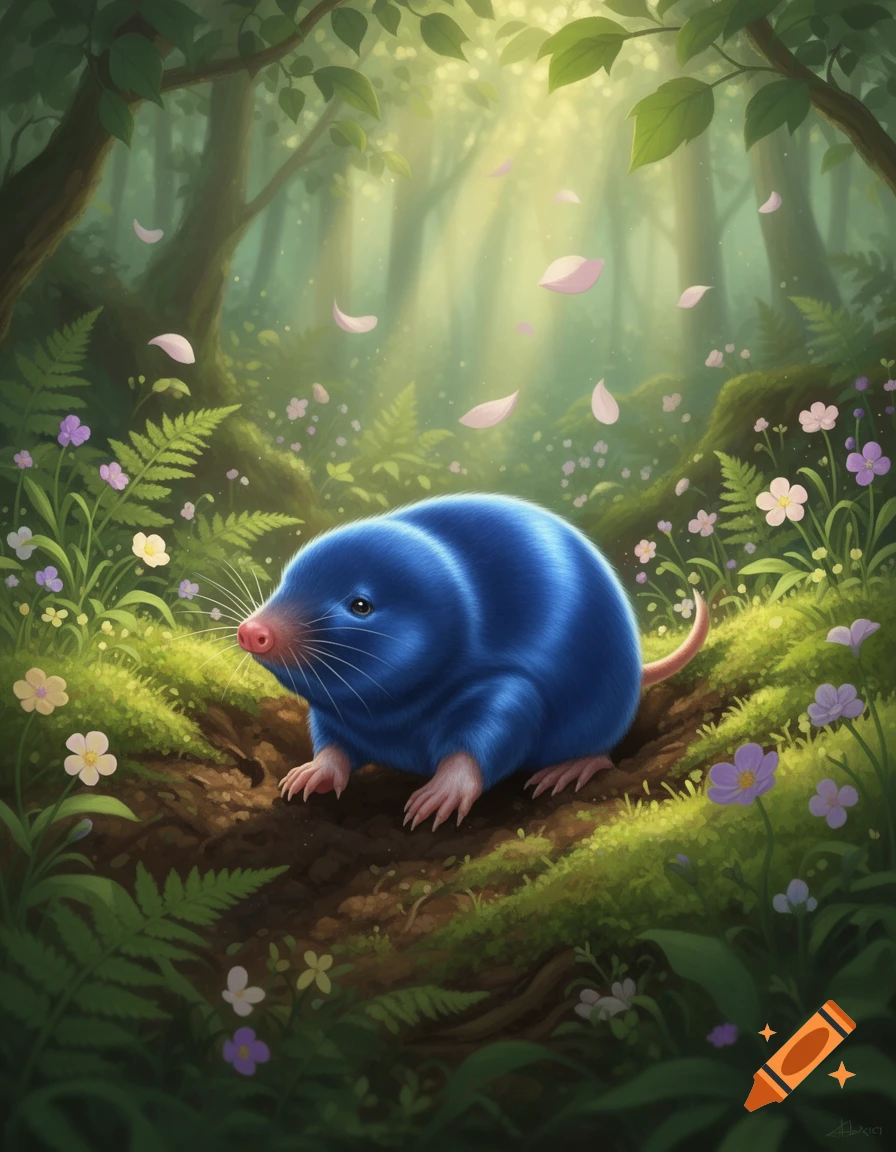A vibrant blue mole with a pink nose in a sunlit fantasy forest ...