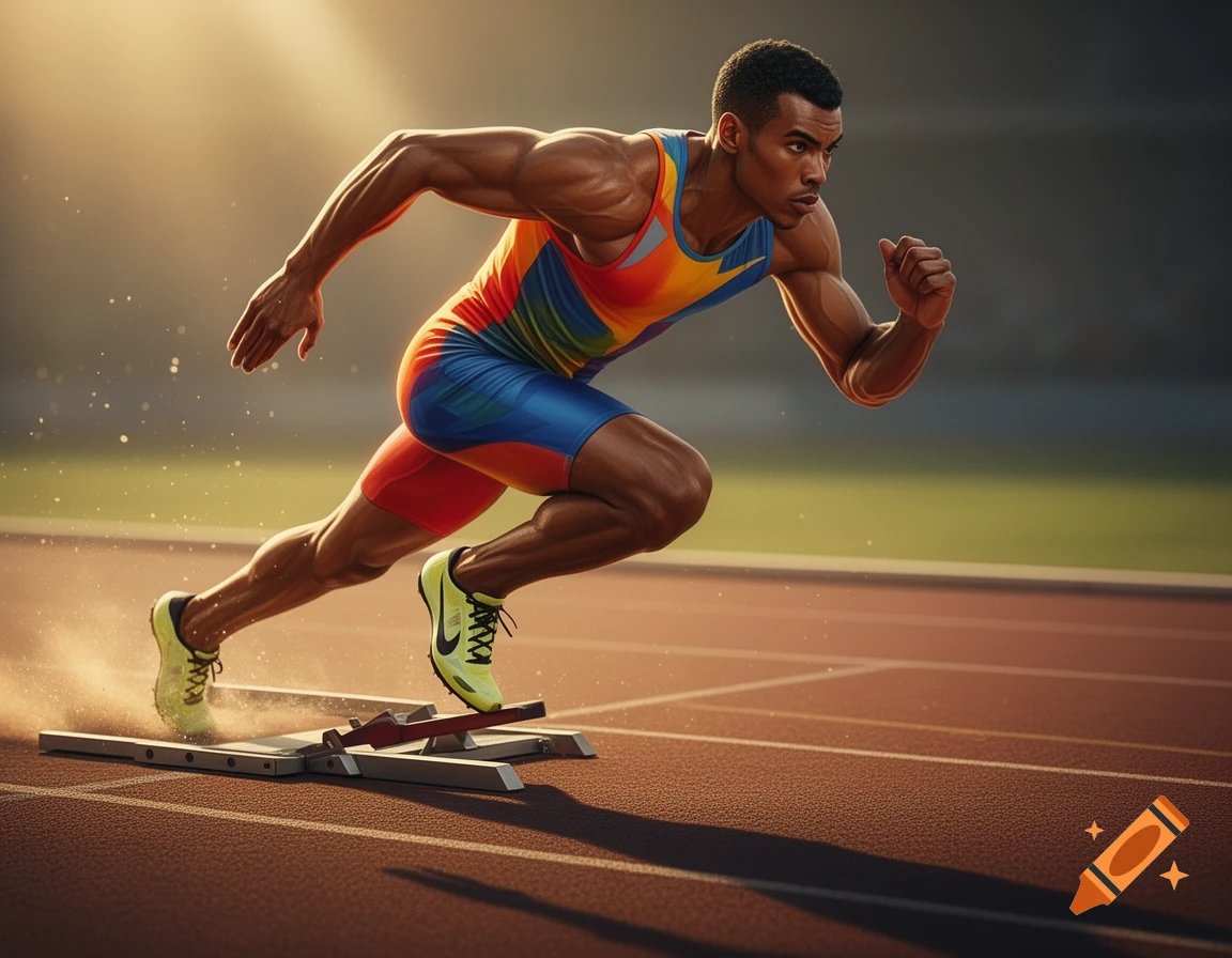 A muscular male athlete in a colorful running suit bursts from a ...