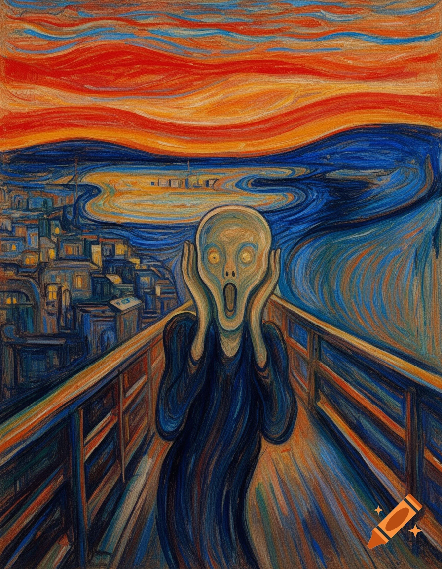 A drawing in the style of Edvard Munch's "The Scream," featuring an ...