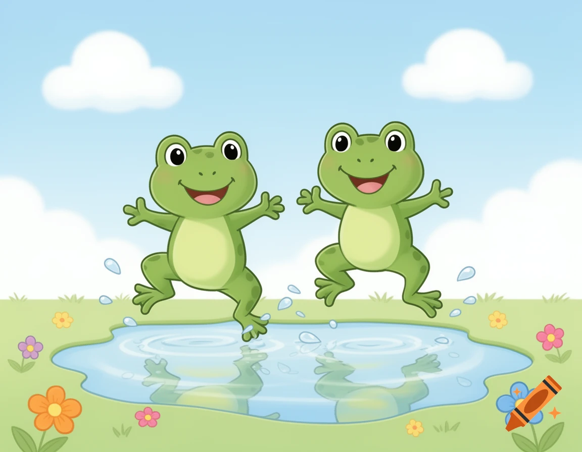 Two happy green cartoon frogs jump into a puddle in a grassy field with ...