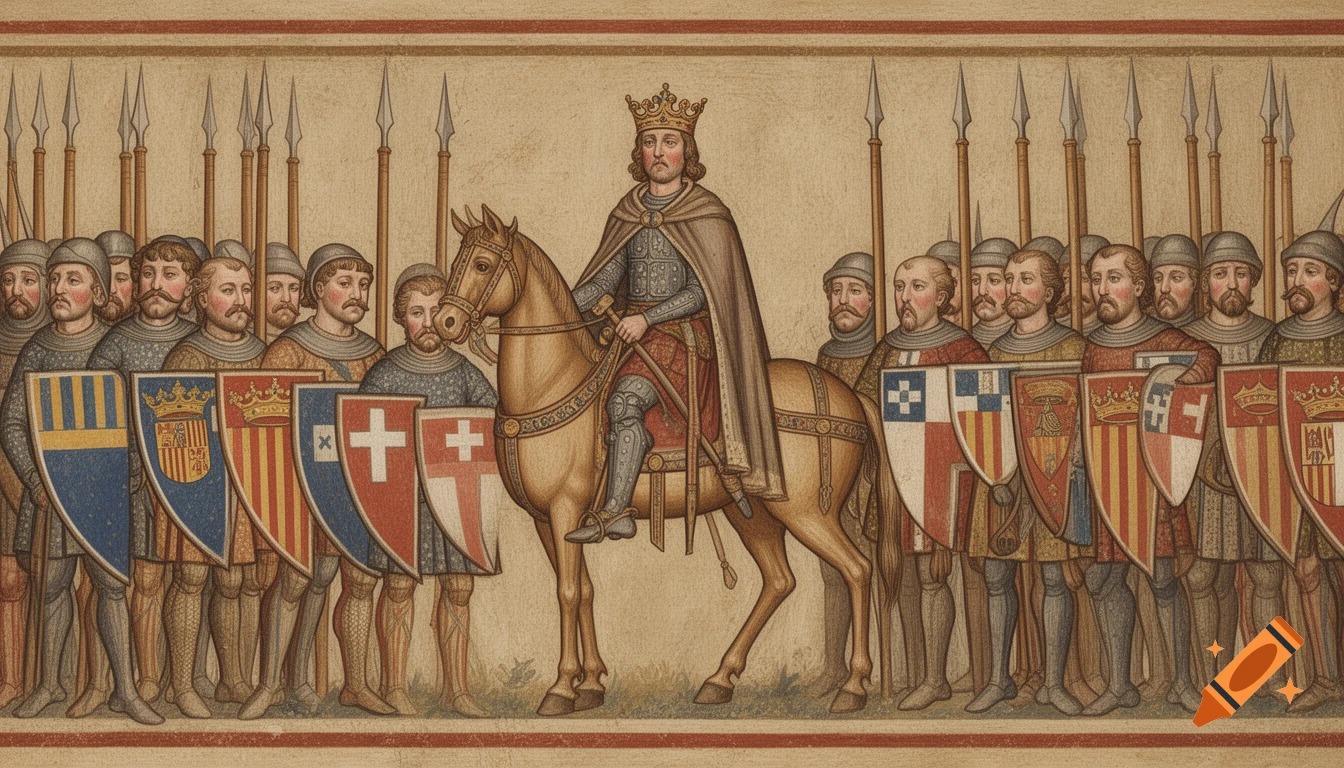 Romanesque illustration of King Jaume I on horseback, flanked by ...