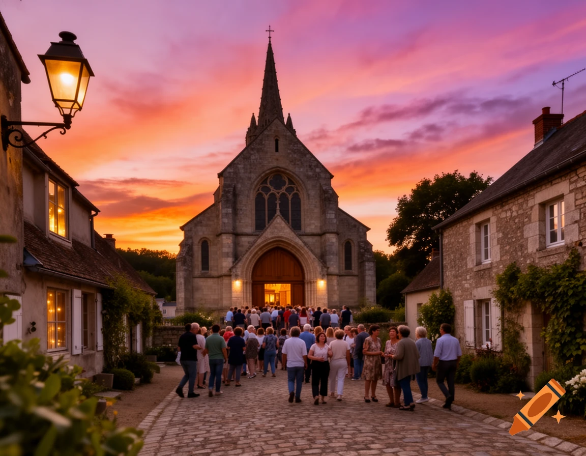 A crowd of people gather outside a stone church on a cobblestone street ...