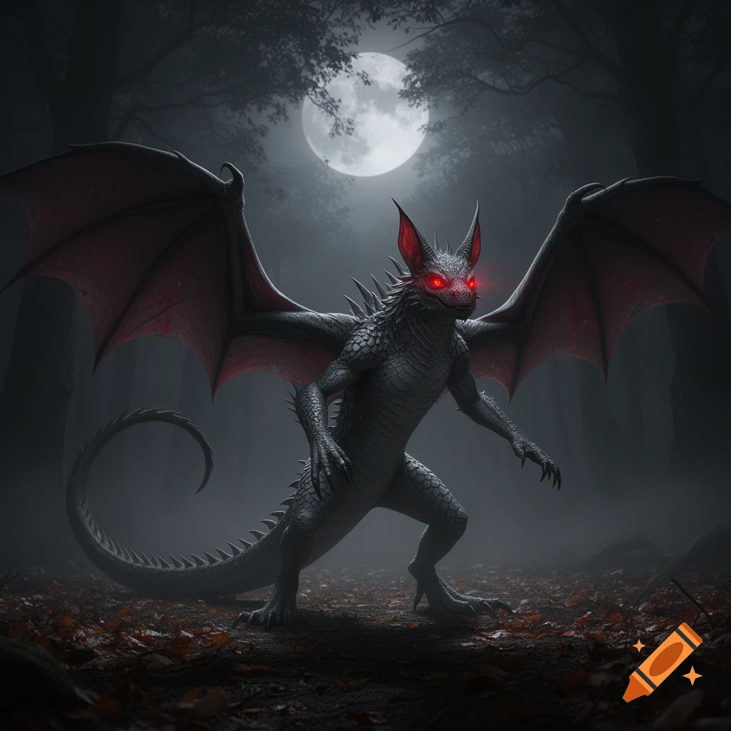 A dark, grey, bat-winged creature with glowing red eyes and a spiked ...