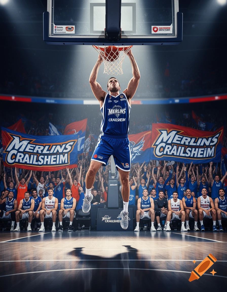 A photorealistic image of a male basketball player dunking in a packed ...