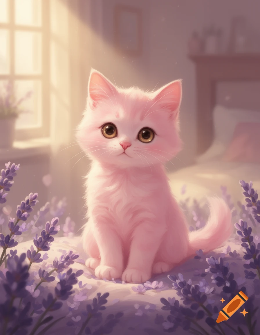 A cute pink kitten with big brown eyes sits amidst purple lavender ...