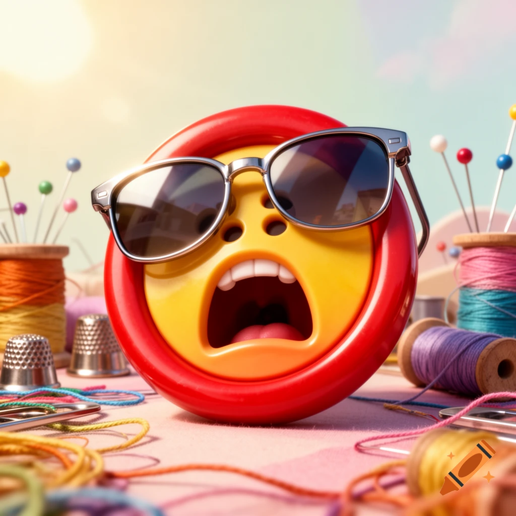 A close-up 3D render of a red and yellow button with a screaming face ...