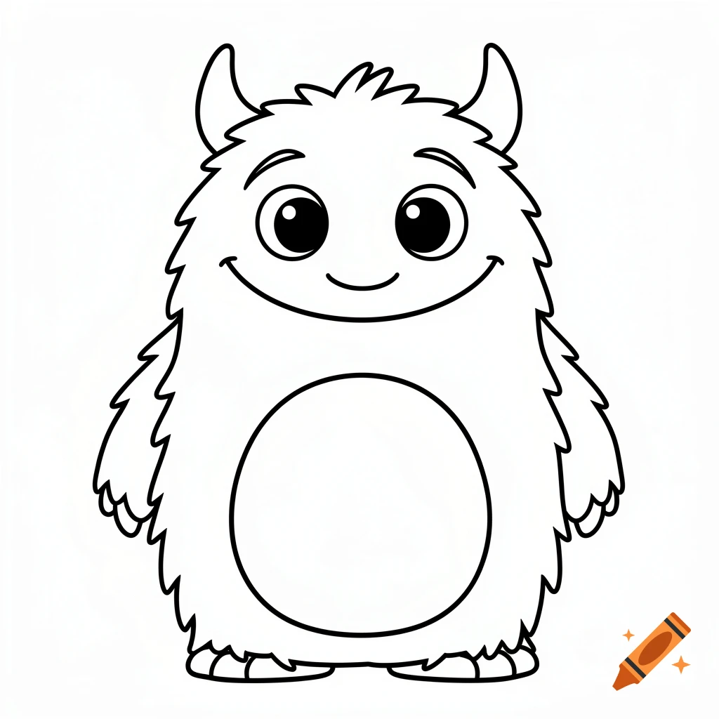A black-and-white coloring page of a friendly, fuzzy cartoon monster ...