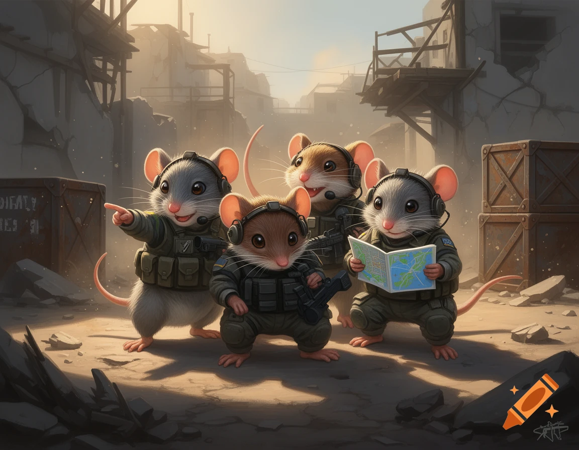 Four anthropomorphic mice in military gear, complete with headsets and ...