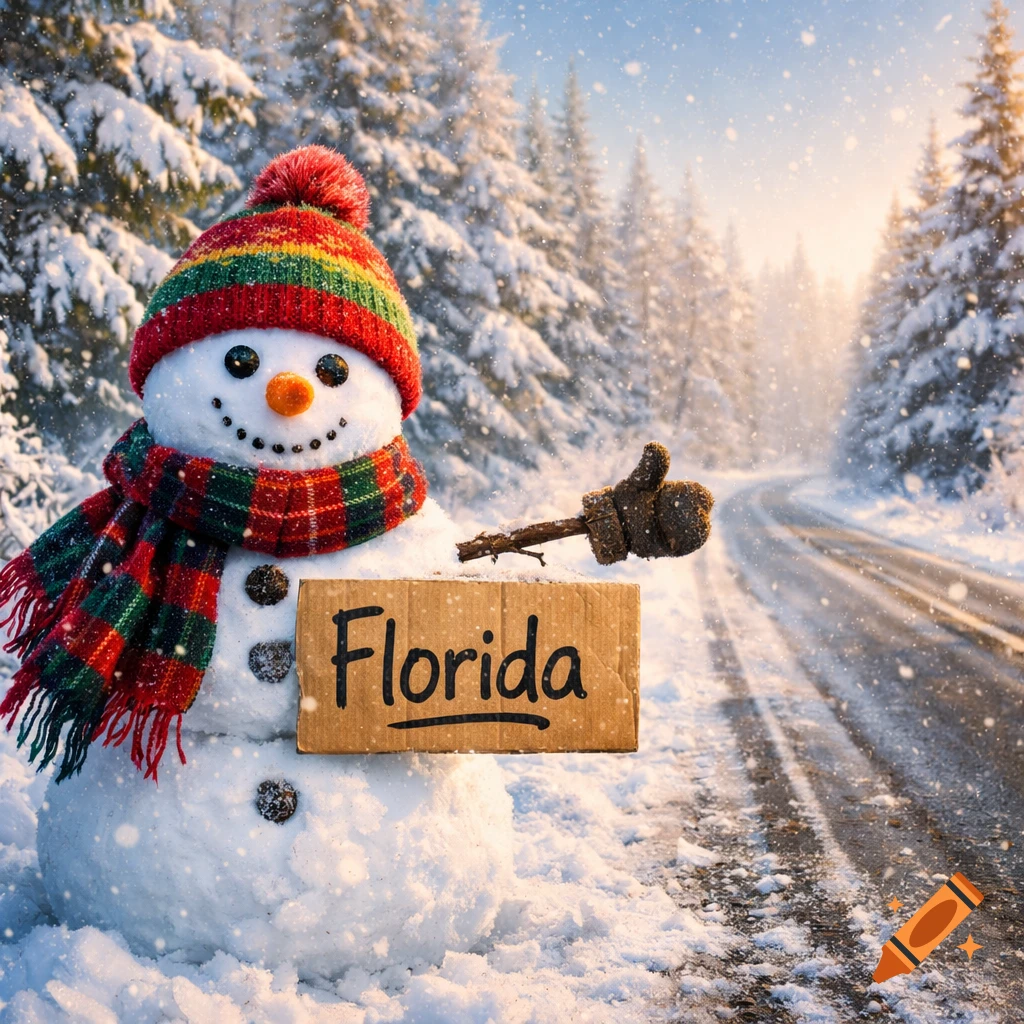 A friendly snowman with a colorful hat and scarf hitchhikes on a snowy ...