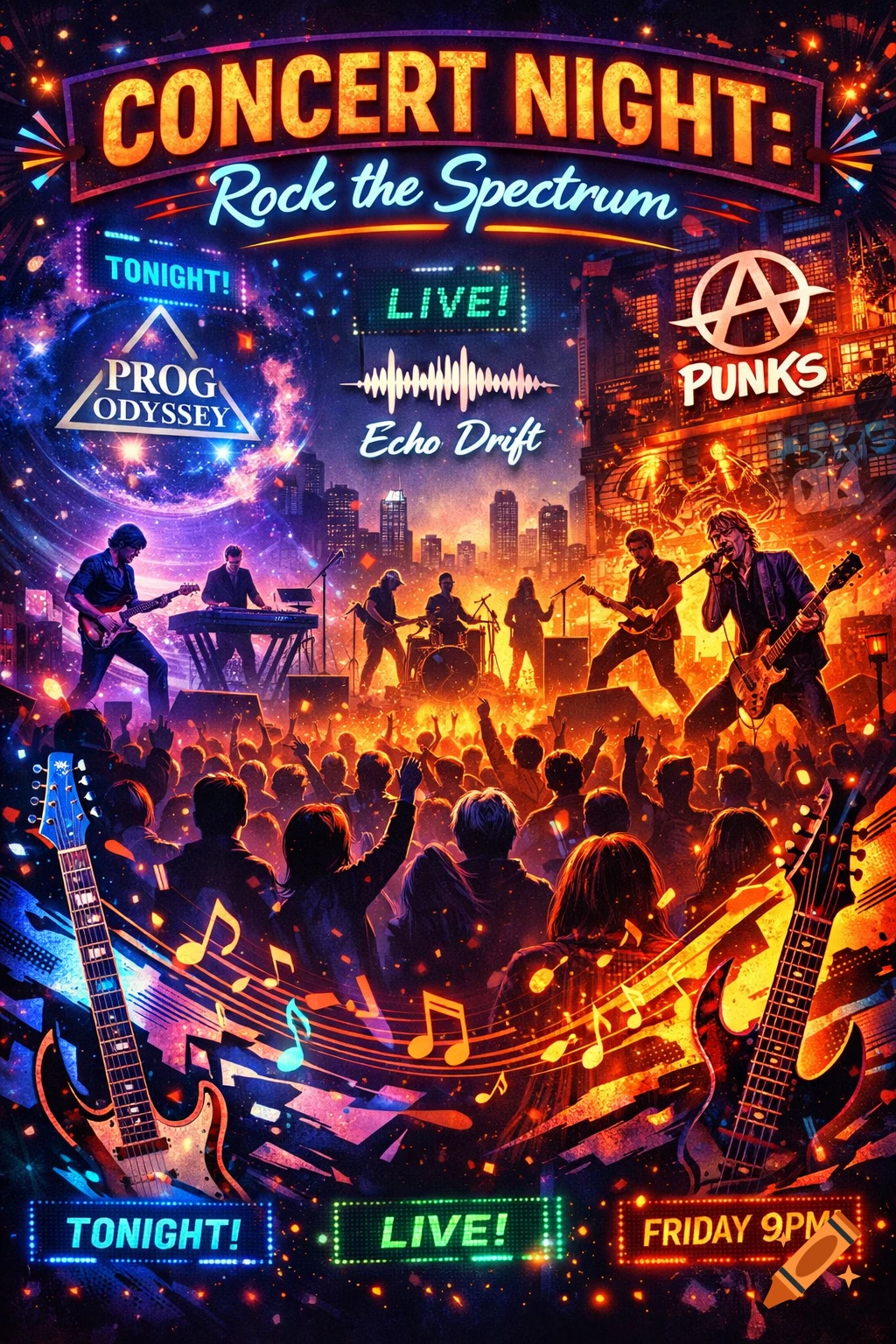 A vibrant, neon-lit poster for 'Concert Night: Rock the Spectrum ...