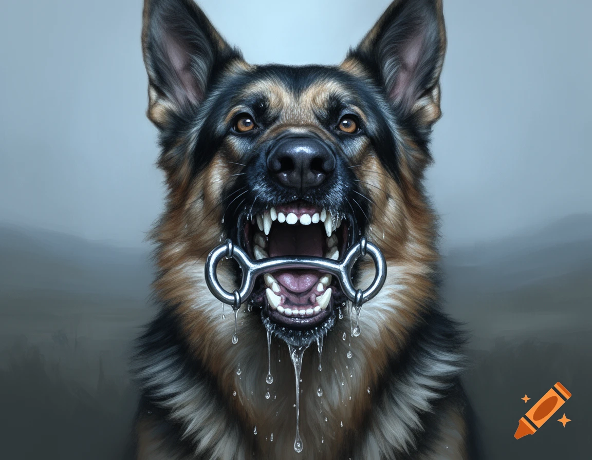 A close-up, intense portrait of a German Shepherd dog with its mouth ...