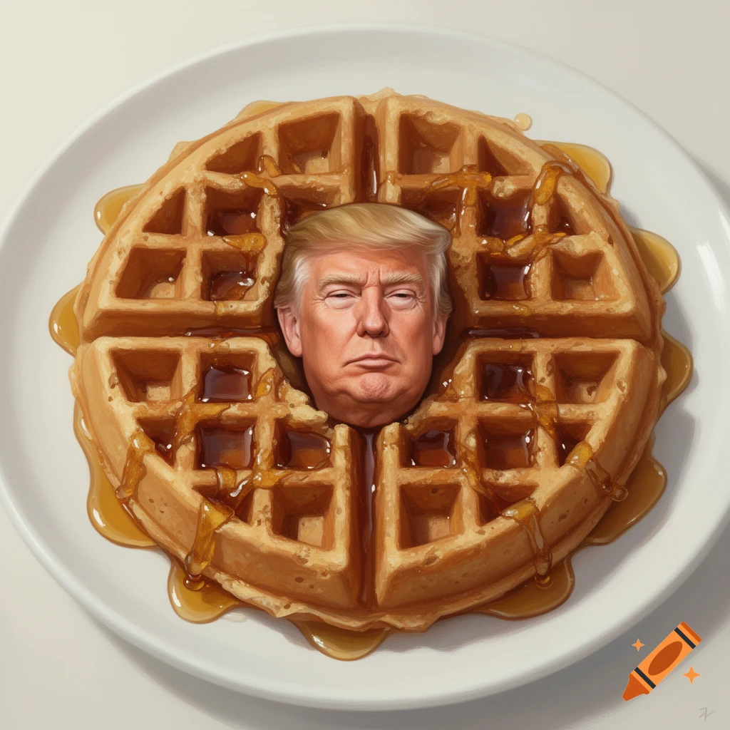Photorealistic image of Donald Trump's face embedded in a golden waffle ...