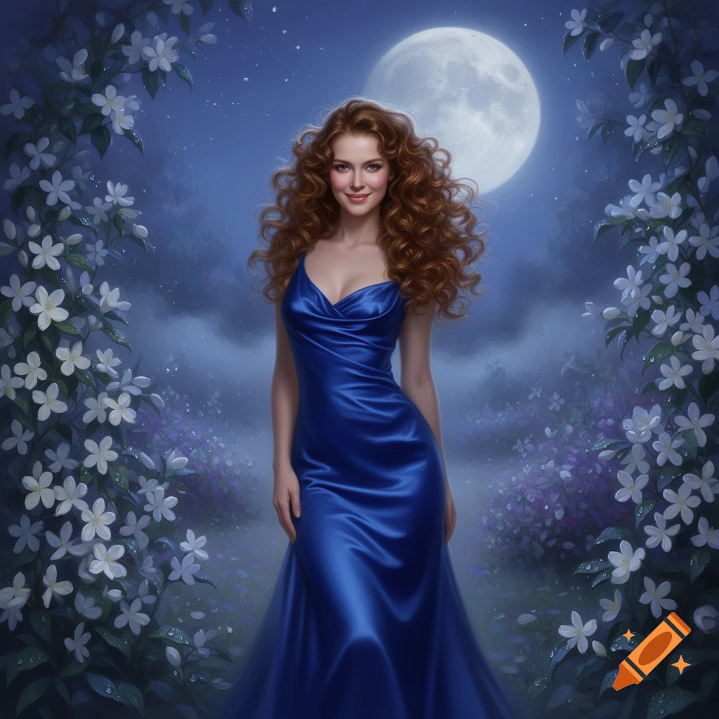 A woman with long red curly hair in a blue satin dress stands under a ...