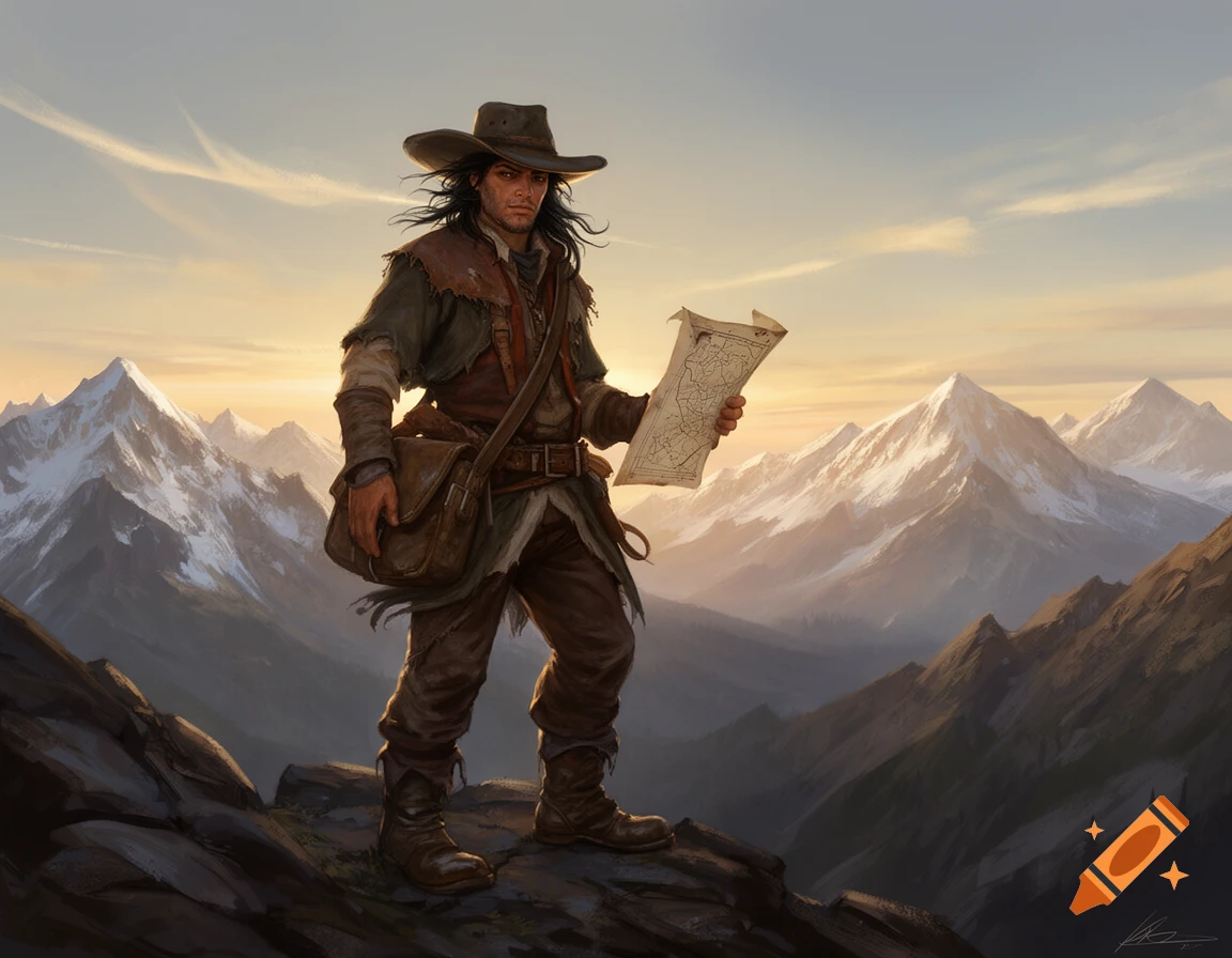 A male adventurer in rugged clothes and a hat stands on a rocky ...