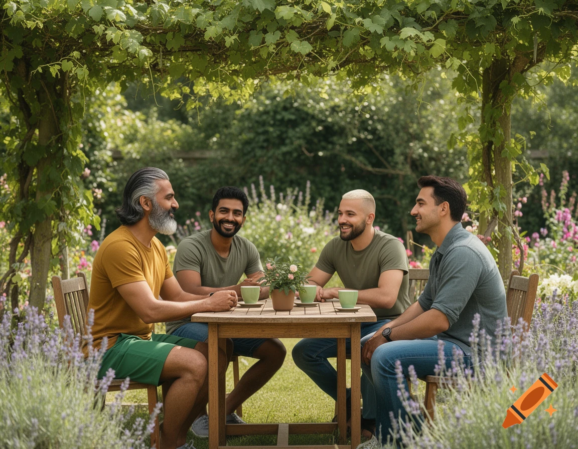 Four diverse men smile while sitting at a wooden table in a sunny ...