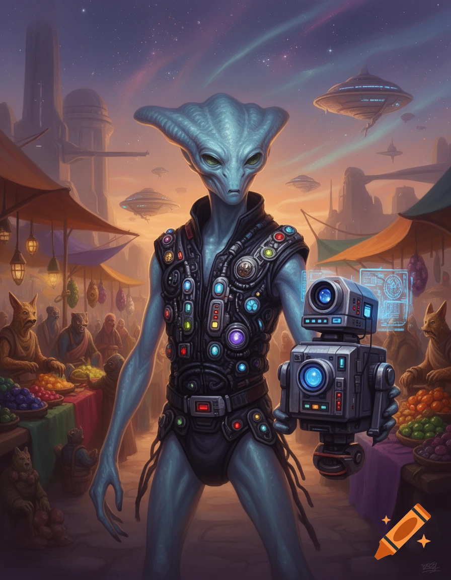 A blue-skinned alien with a tech-covered vest holds a futuristic camera ...
