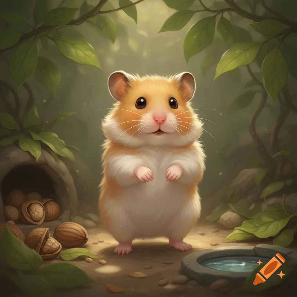 A fluffy, cute hamster stands upright in a forest clearing, with ...