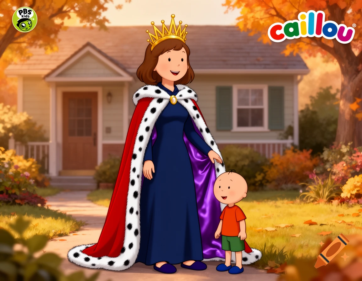 Cartoon Caillou and his mother, Queen Doris, stand smiling in front of ...