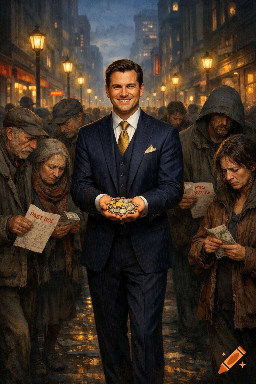 A smiling, well-dressed man holds silver and gold coins while sad ...