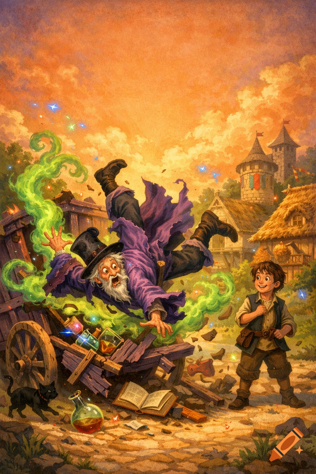A bumbling wizard tumbles from a broken wagon in green smoke, a boy ...