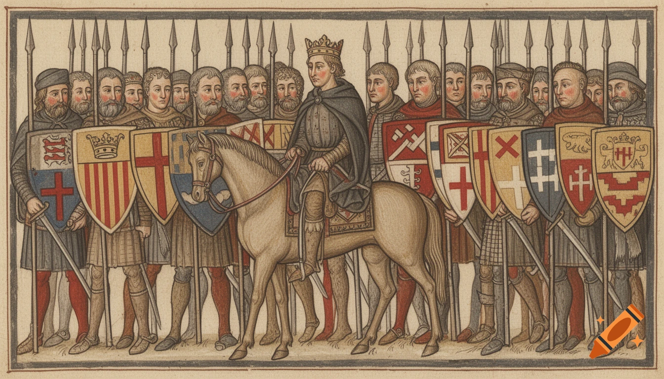 Medieval Romanesque style illustration of King Jaume I of Aragon on ...