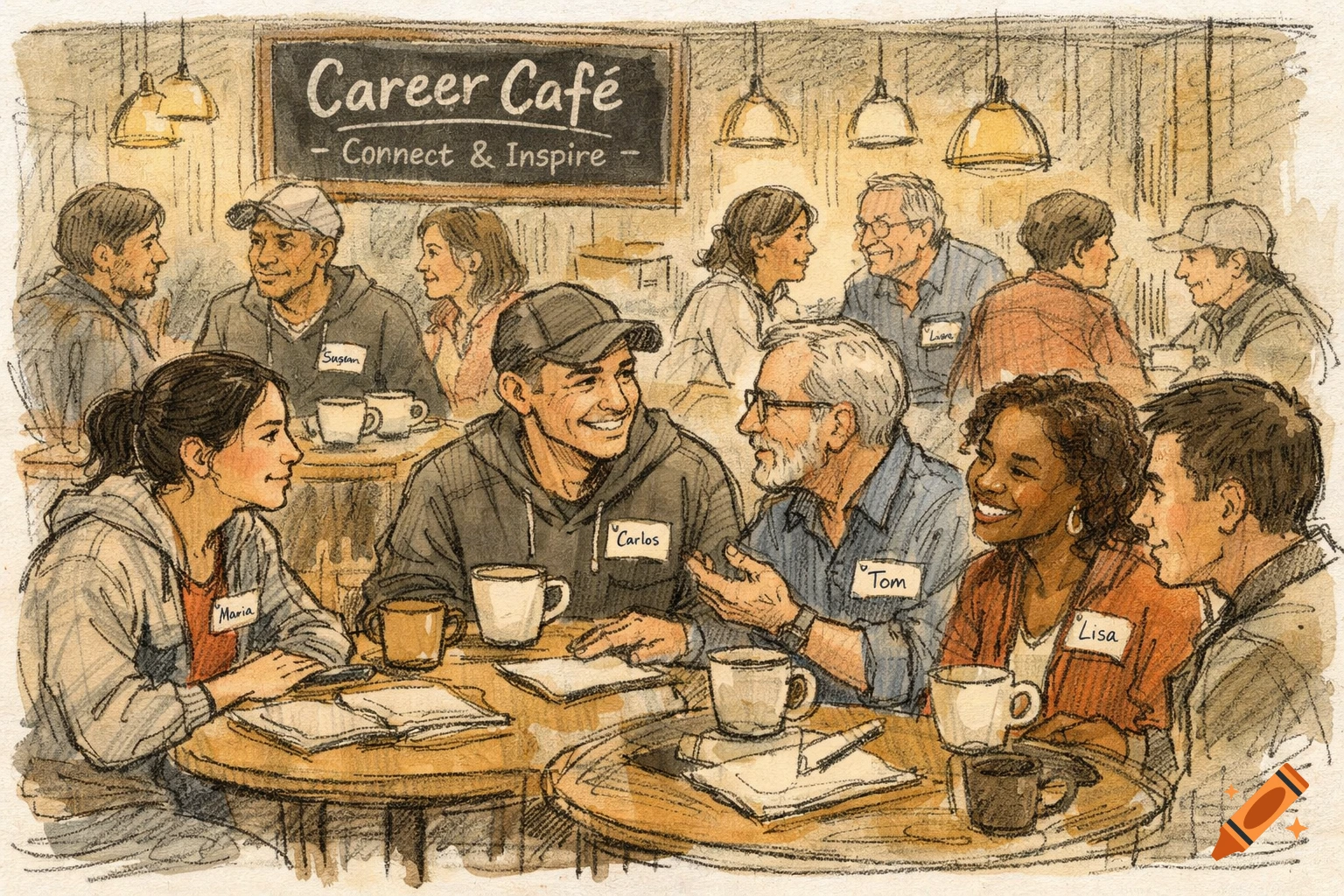 Watercolor sketch of a diverse group of people socializing and ...