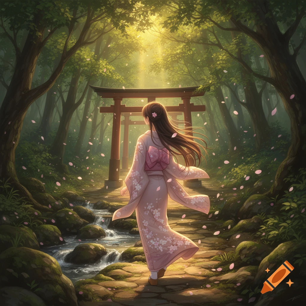 A woman in a pink kimono with cherry blossom patterns walks on a stone ...