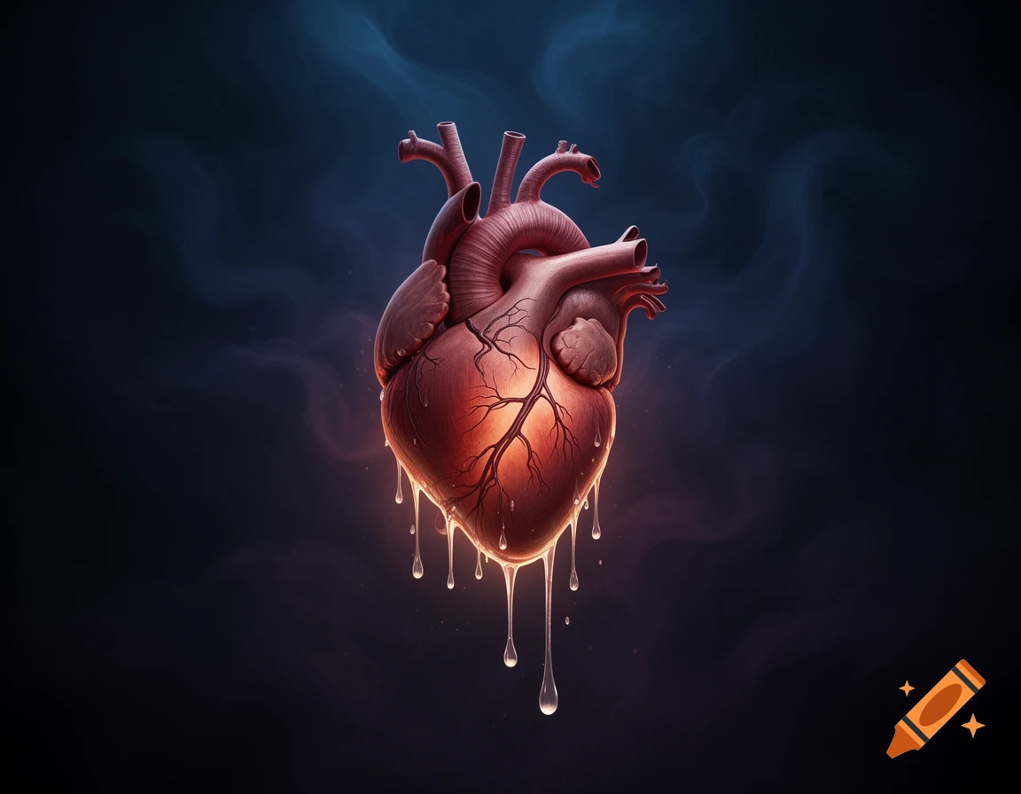 A surreal, glowing human heart with translucent tears dripping from it ...