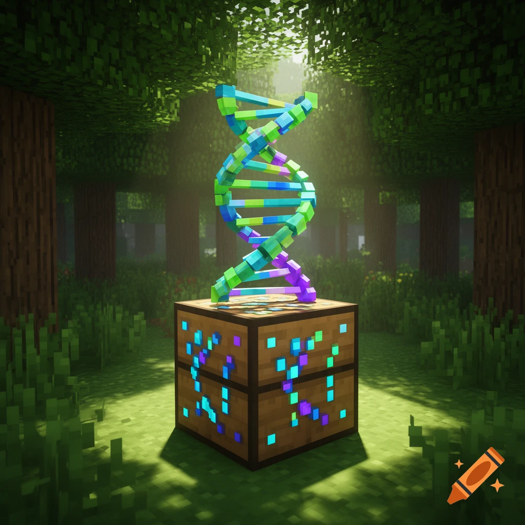 Colorful pixelated DNA helix on a Minecraft crafting table in a sunlit ...