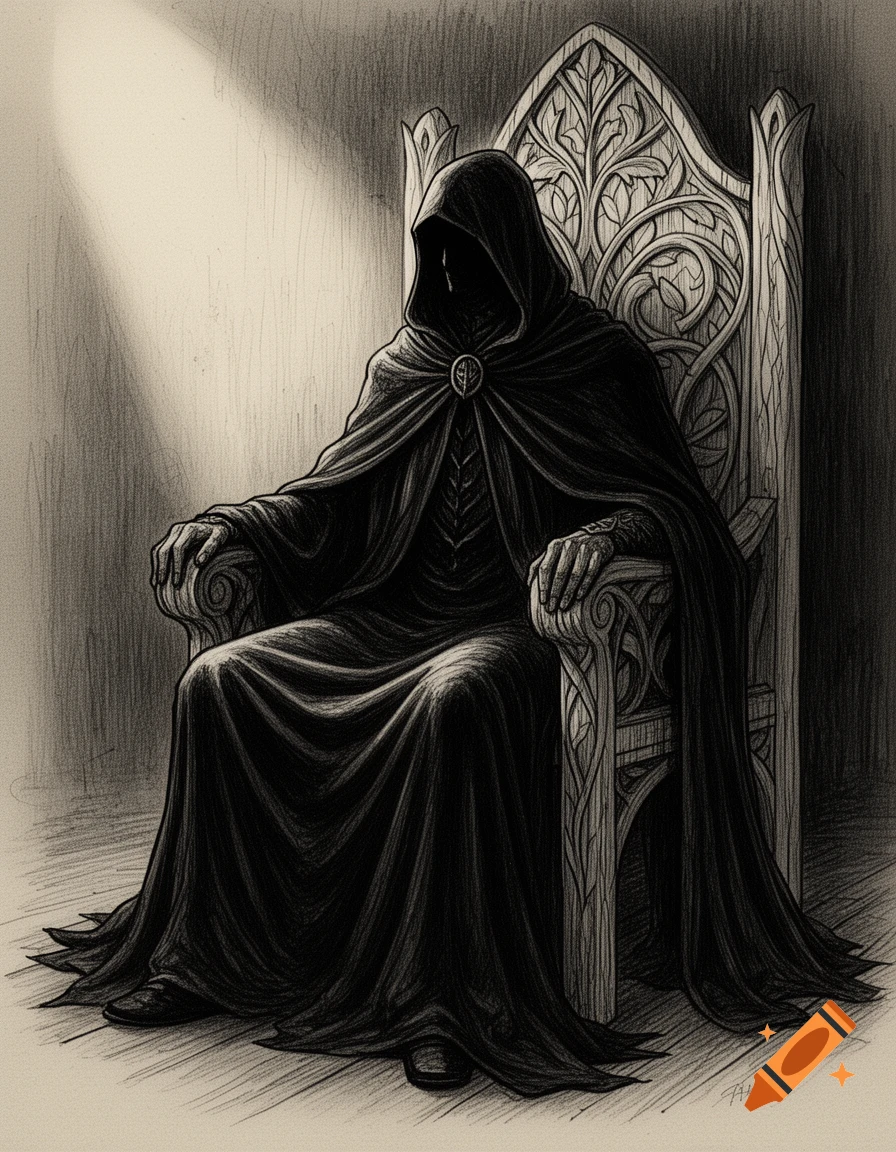 Ink drawing of a dark hooded figure in a flowing black cloak sitting on ...