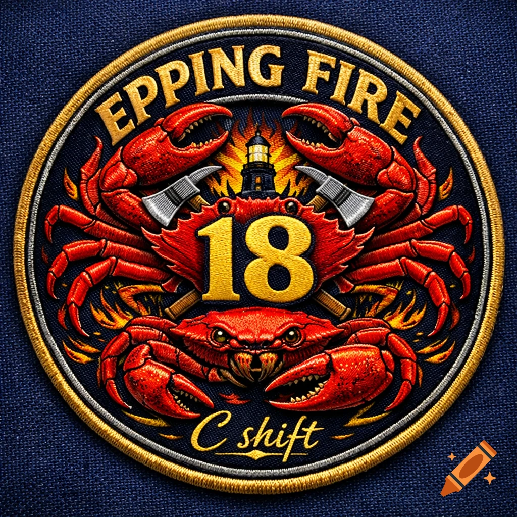 An embroidered patch with two red crabs, crossed axes, a lighthouse ...