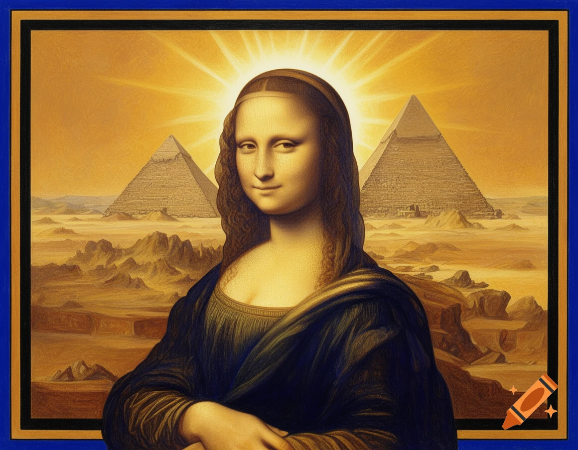 Mona Lisa in an Egyptian style, with a halo, in a desert landscape with ...
