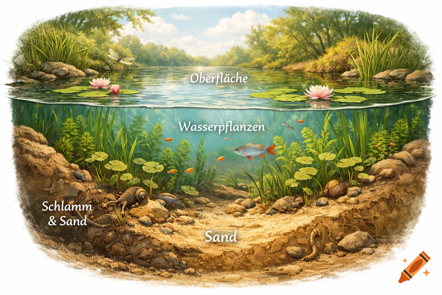 Detailed cross-section illustration of a pond showing surface, water ...