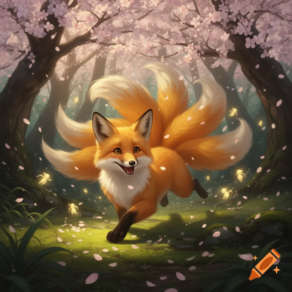 A cheerful, fluffy nine-tailed kitsune fox runs through a magical ...