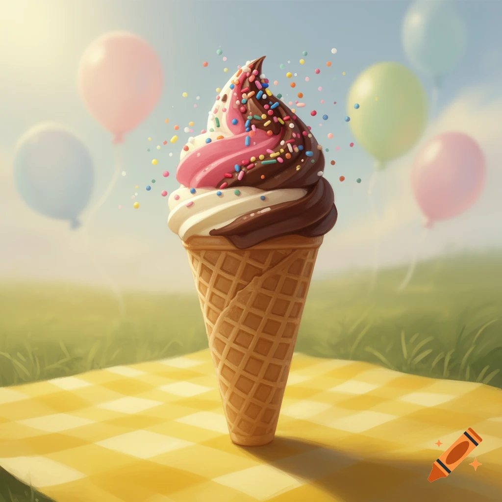 A colorful swirl ice cream cone with sprinkles on a yellow checkered ...