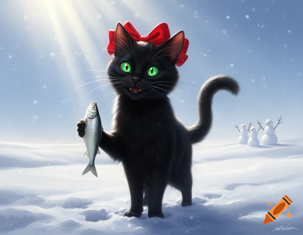 A smiling black cat with glowing green eyes and a red bow on its head ...