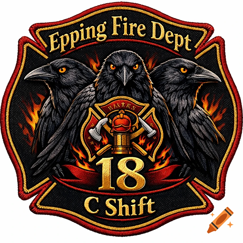 A fire department patch with three black crows, glowing orange eyes, a ...