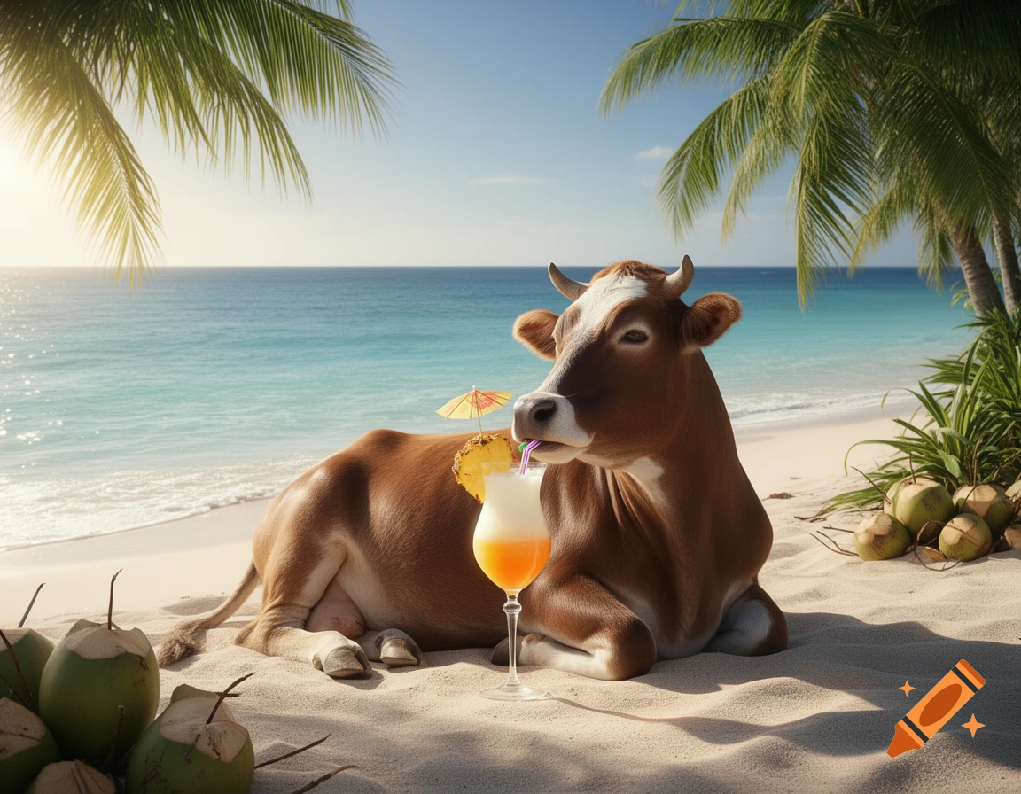 A photorealistic image of a brown and white cow lying on a sandy beach ...