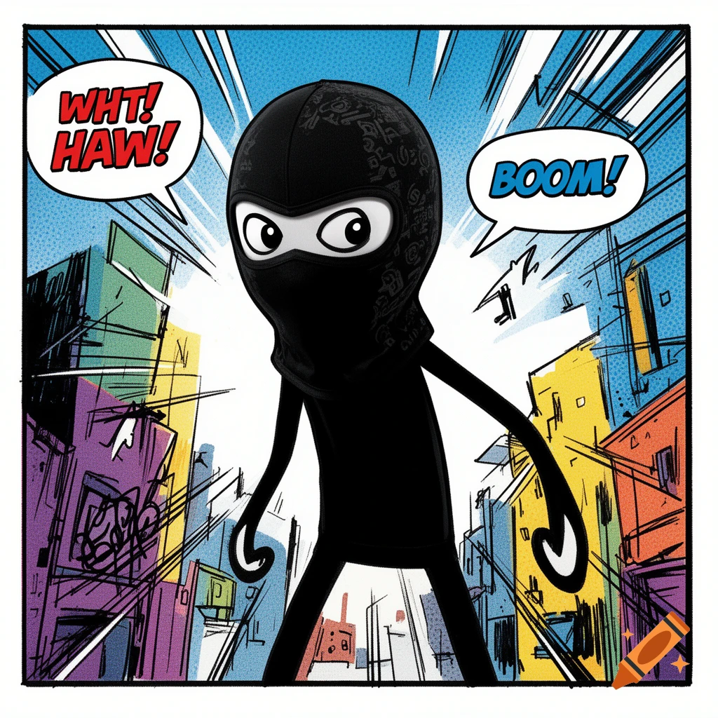 A black stick figure in a balaclava mask stands in a vibrant, comic ...